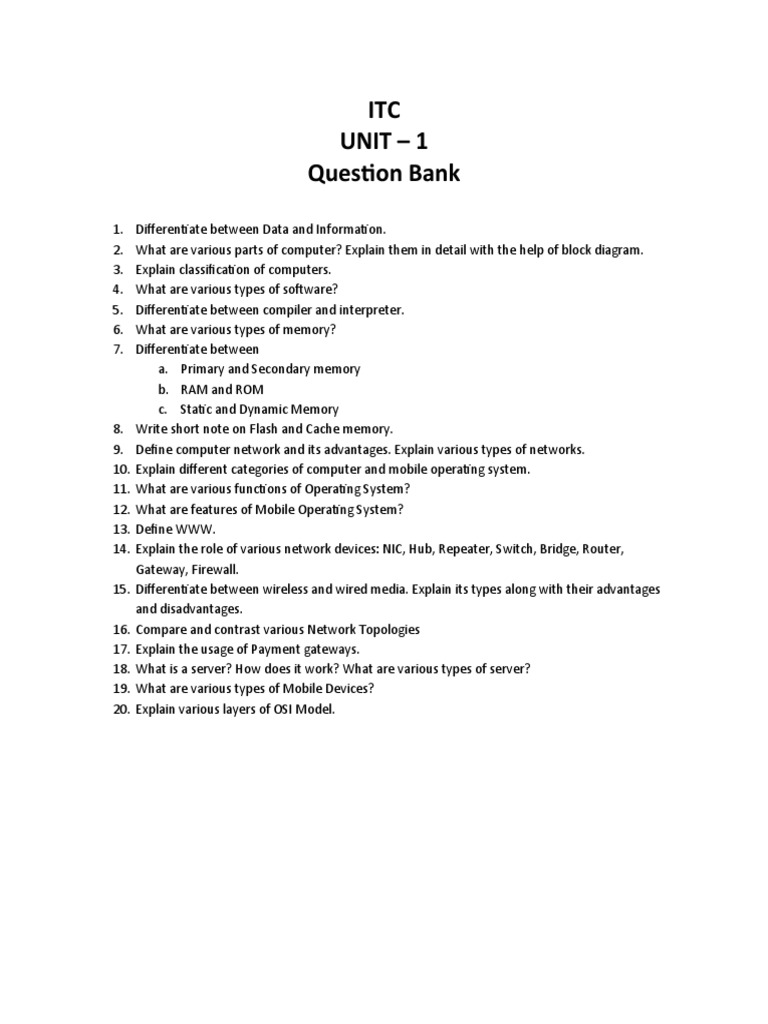 Itc Question Bank Unit 1 Pdf 