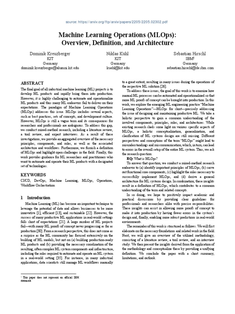 Kreuzberger, Kühl, & Hirschl (202 - ) Machine Learning Operations (MLOps) Overview, Definition ...