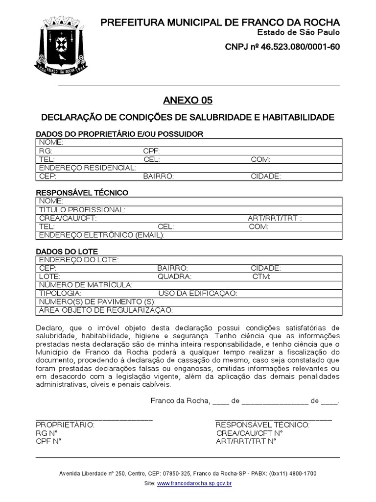 Modelo Declaração de Condições de Salubridade e Habitabilidade | PDF