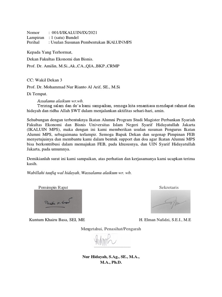 Revised Surat Usulan Pembentukan Ikatan Alumni MPS FEB UIN Jakarta | PDF