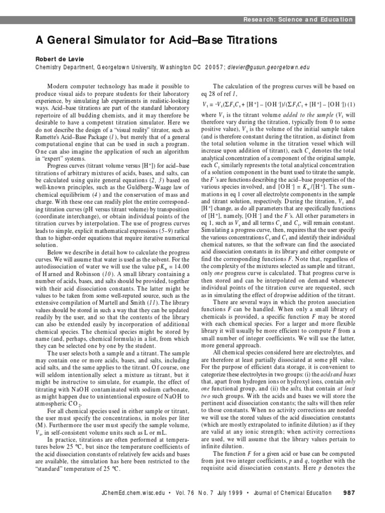 De Levie - 1999 - A General Simulator For Acid-Base Titrations | PDF ...