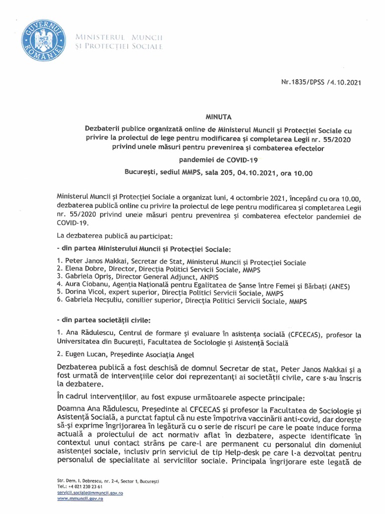 CONTACT Minuta - Dezbatere - Publica Prevenire Si Comb - Efecte COVID | PDF