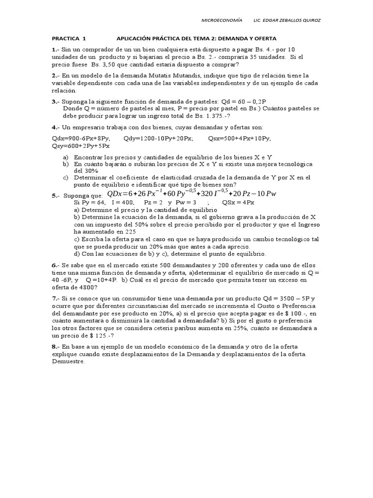 Practica 1 Tema 2 MICRO | PDF | Oferta (economía) | Mercado (economía)