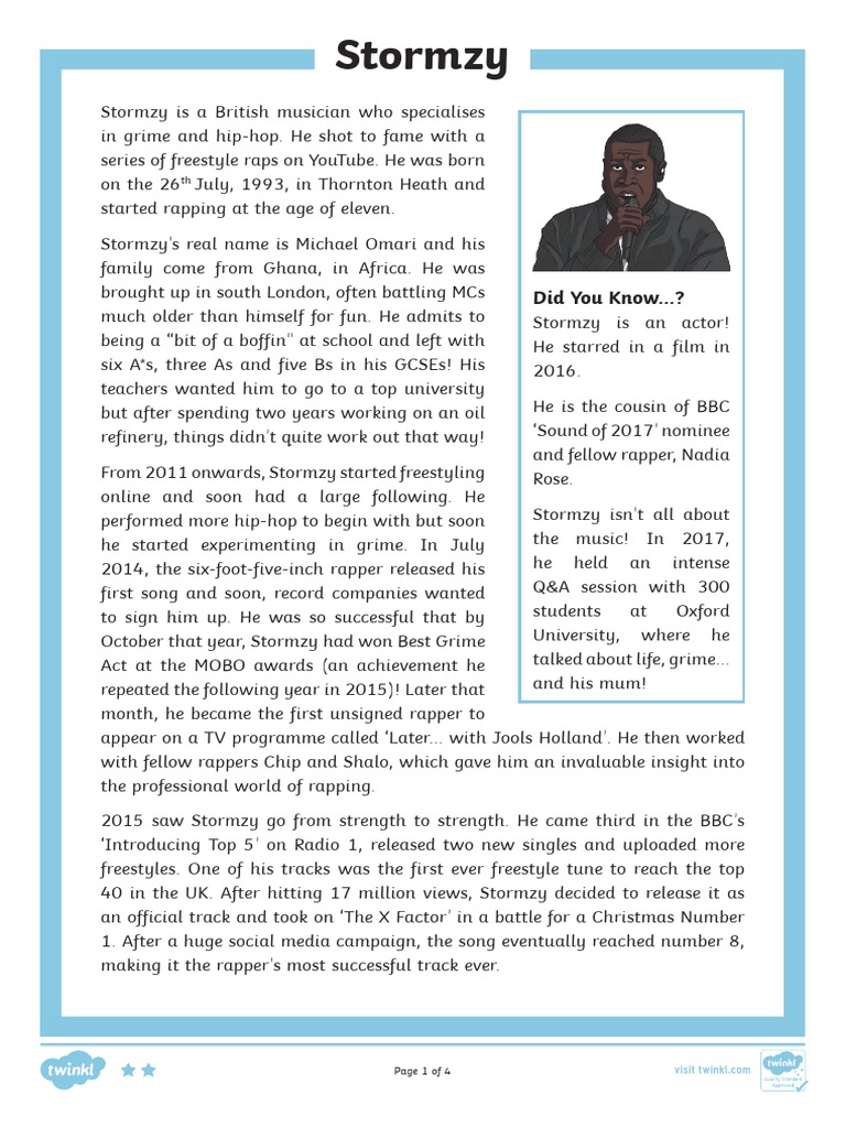 Stormzy Differentiated Reading Comprehension | PDF