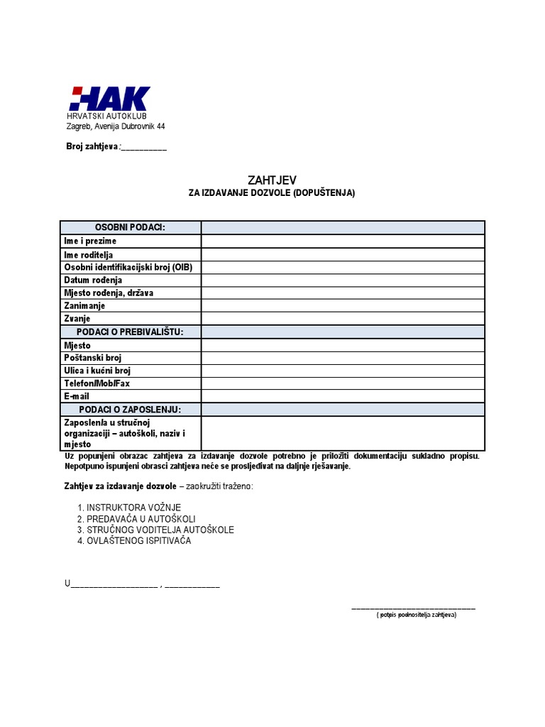 Zahtjev Za Izdavanje Dozvole-Obrazac | PDF