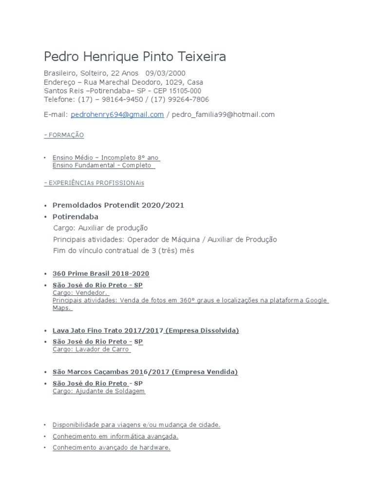 Curriculo Pedro Henrique Pinto Teixeira | PDF