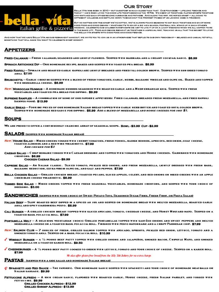 BellaVita Dinner Menu | PDF | Salad | Pizza