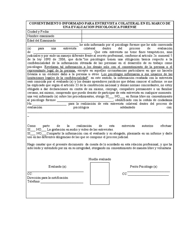 Consentimiento Informado para Entrevista Colateral en El Marco de Una ...