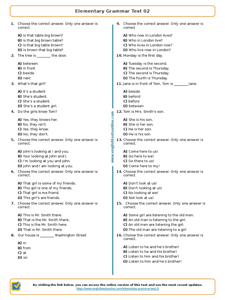 1533 Elementary Grammar Test 02 | PDF