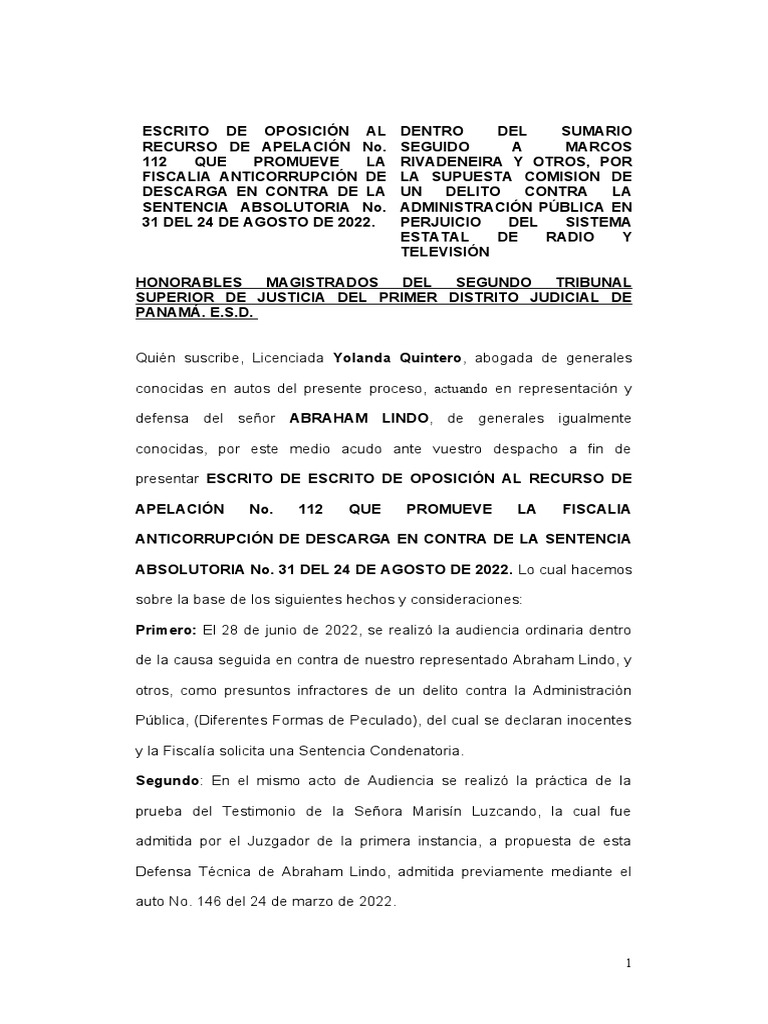Escrito de Oposicion A La Apelación | PDF | Fiscal | Sentencia (ley) Escrito de Oposicion A La Apelación | PDF | Fiscal | Sentencia (ley)