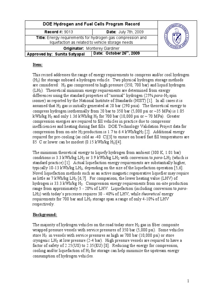 2009 - Energy Requirements For Hydrogen Gas Compression and Liquefaction As Related To Vehicle ...