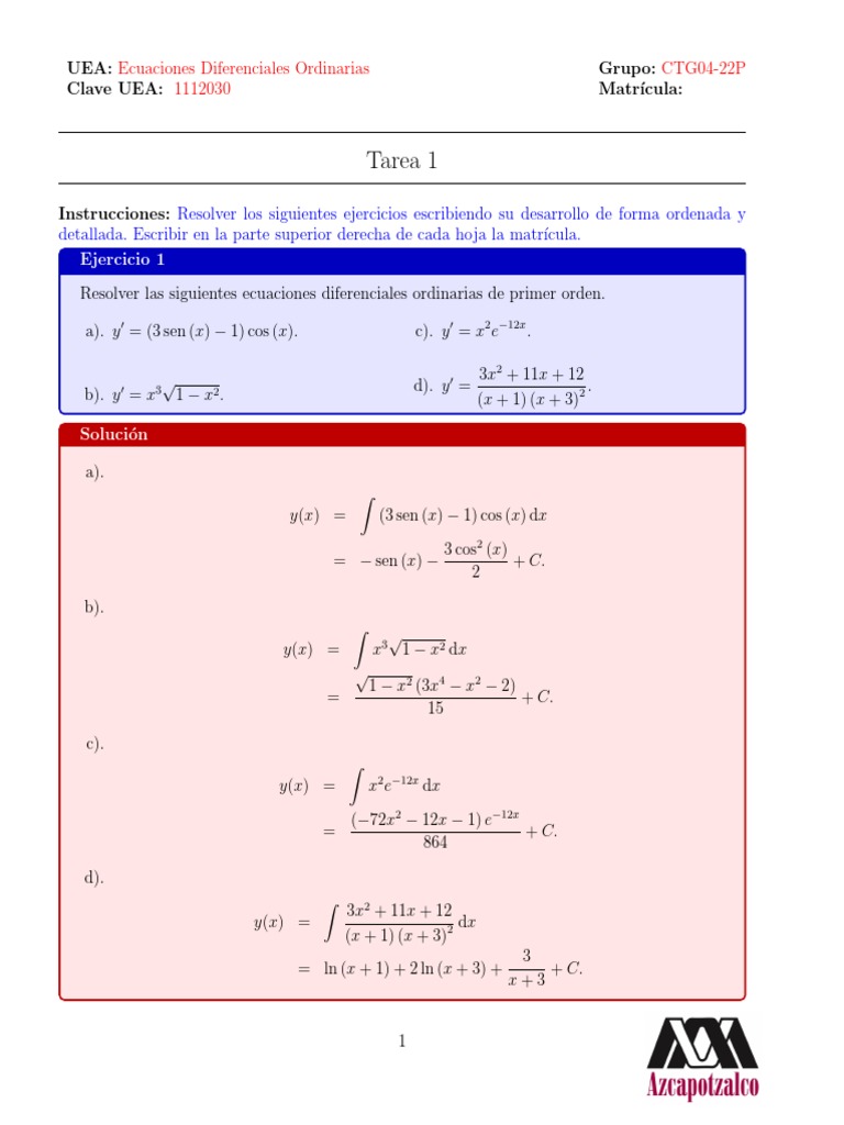Ecuaciones Diferenciales Tarea 1 | PDF | Ecuaciones | Matemática Elemental
