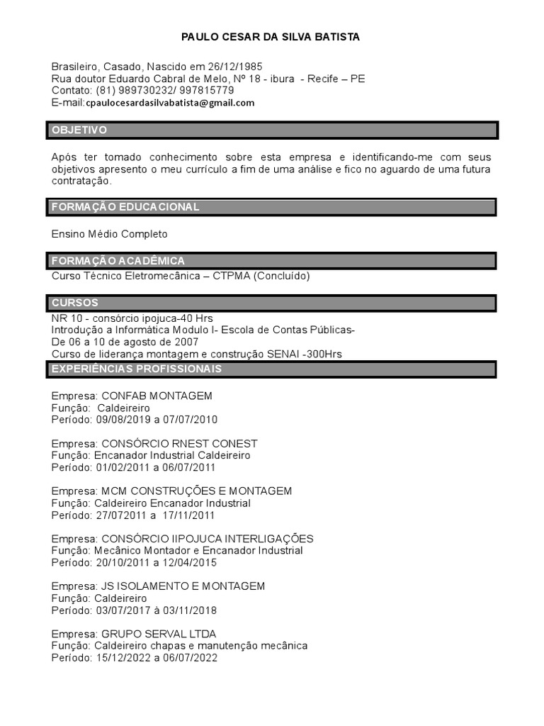 Currículo de Caldereiro e Mecânico | PDF
