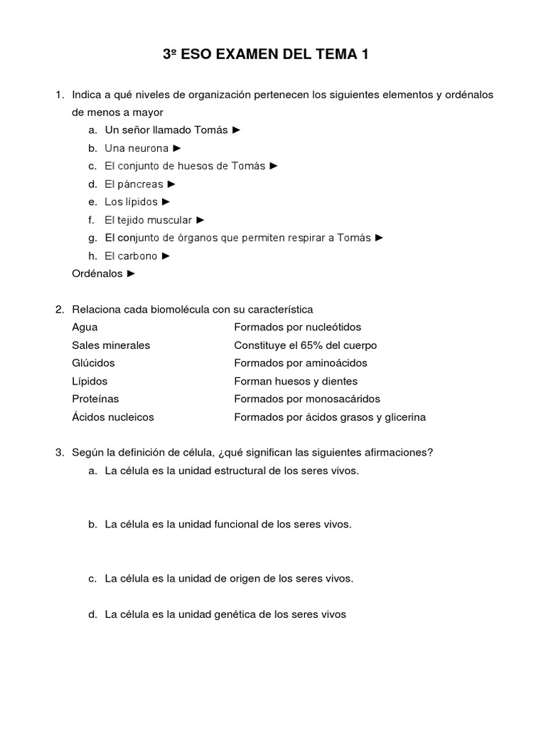 3º Eso Examen Del Tema 1 | PDF | Organismos | Biología Celular)