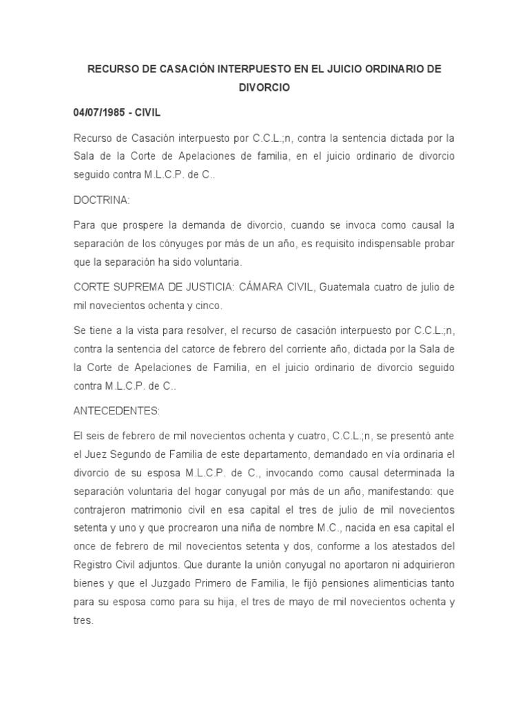Recurso de Casacion Juicio Ordinario de Divorcio | PDF | Divorcio ...
