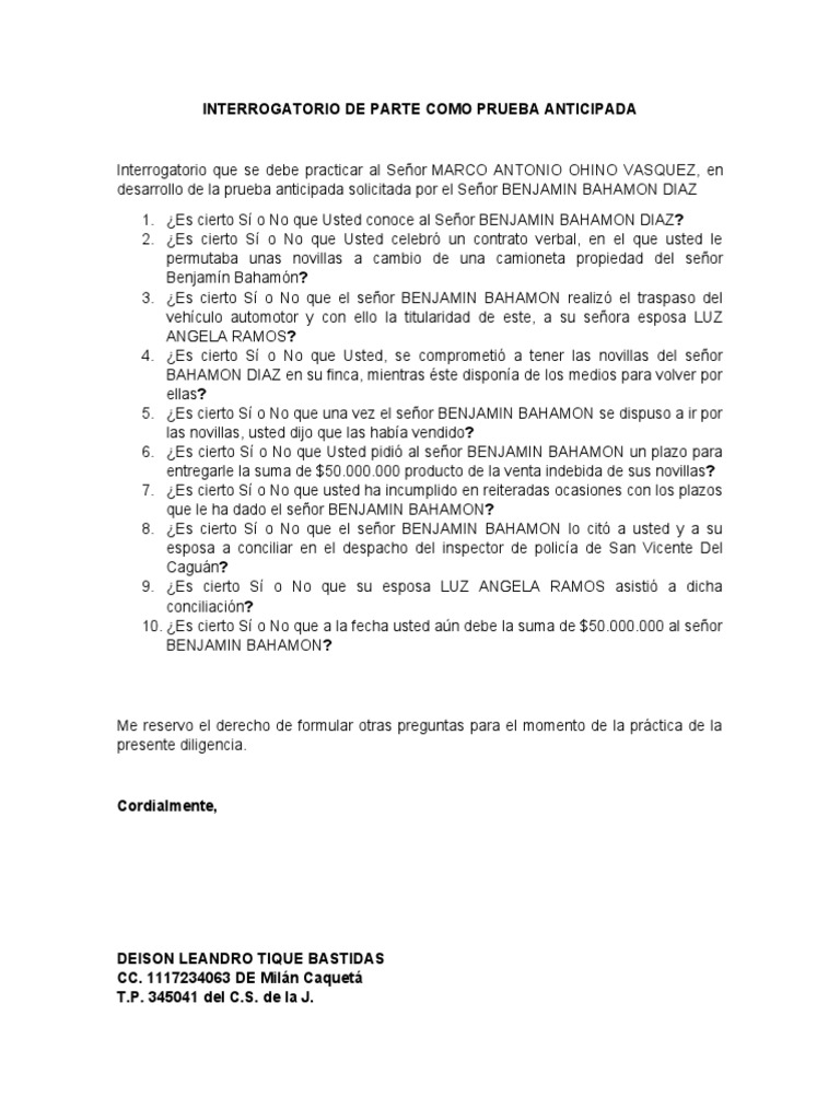 Interrogatorio de Parte Como Prueba Anticipada | PDF