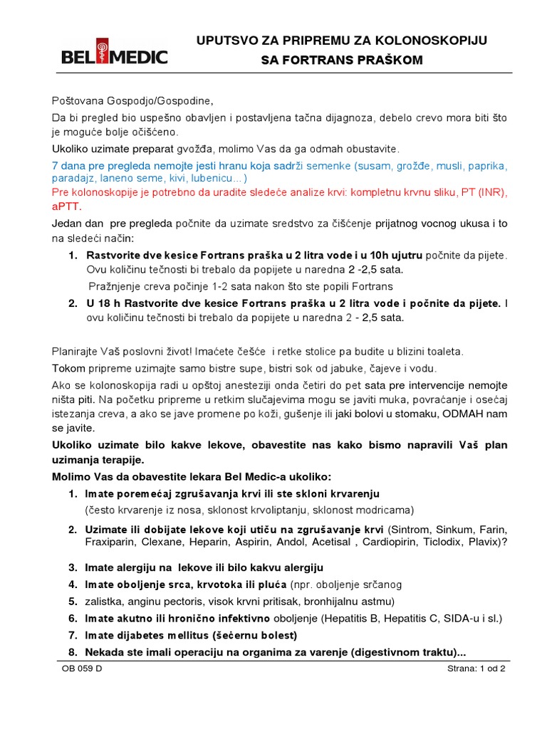 Priprema Za Kolonoskopiju - Fortrans Prašak | PDF