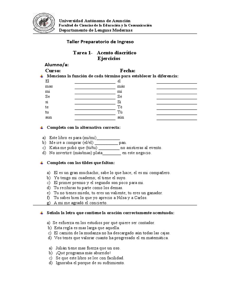 Ejercicios de Acento Diacrítico | PDF