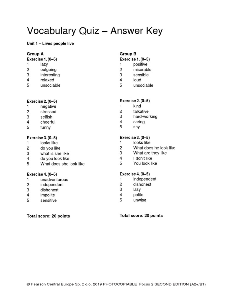 Focus 2 2ed Vocabulary Quiz Unit1 GroupA&B ANSWERS | PDF