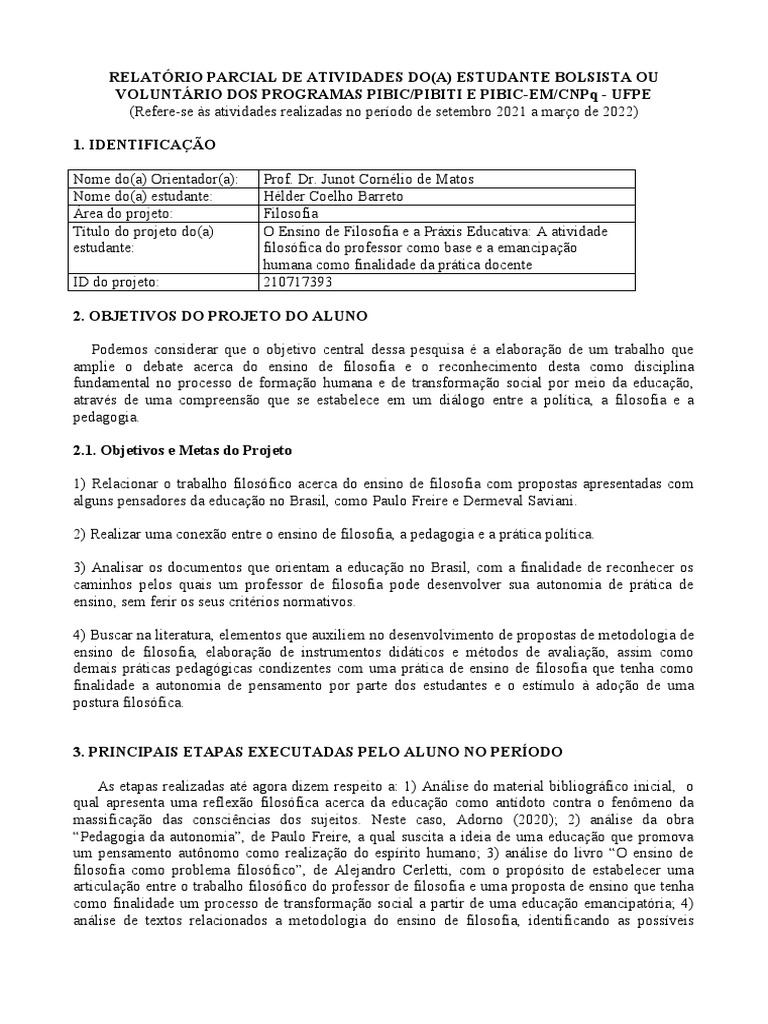 Relatório Parcial PIBIC 2021-2022 - Hélder Coelho Barreto | PDF | Pedagogia | Sociologia
