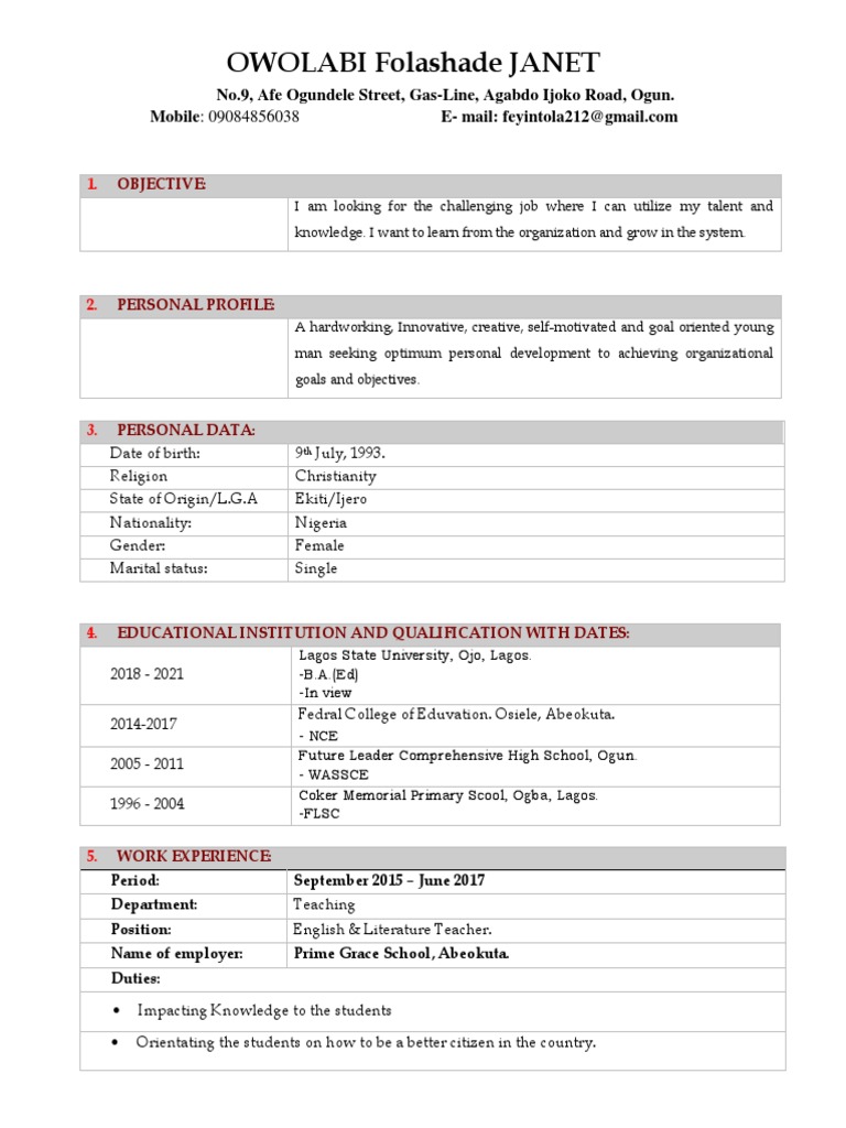 Owolabi Shade Old CV | PDF | Cognitive Science | Communication