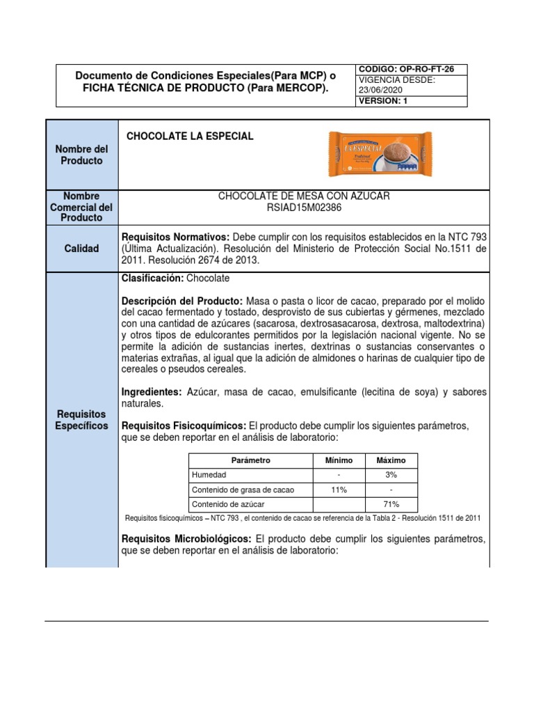 Ficha Técnica Chocolate | PDF | Chocolate | Comida y bebida