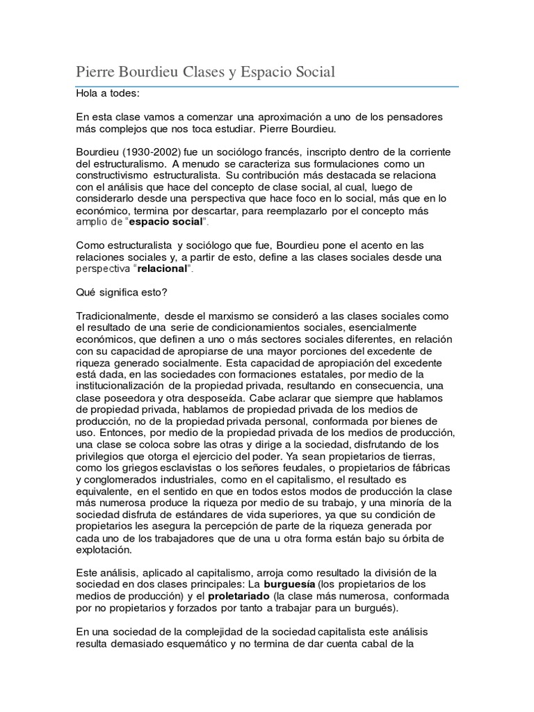 Clase 8 Pierre Bourdieu Clases y Espacio Social | PDF | Sociedad | Estratificación social