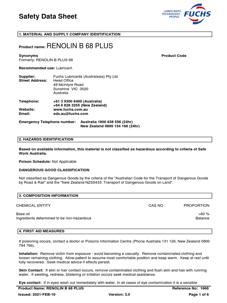 Renolin B 68 Plus-Sds | PDF | Dangerous Goods | Toxicity