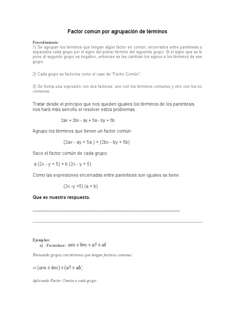 Factor Común Por Agrupación de Términos | PDF | Factorización | Matemáticas