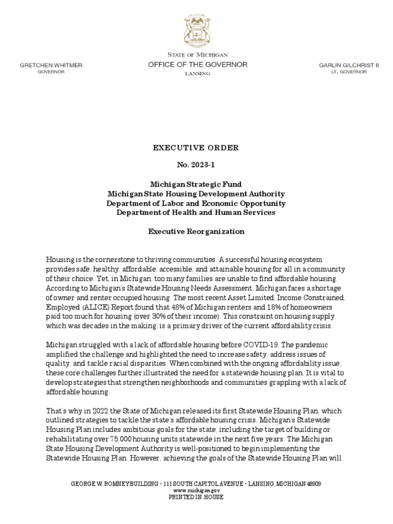 Michigan Executive Order on Housing Reform | PDF | Community ...