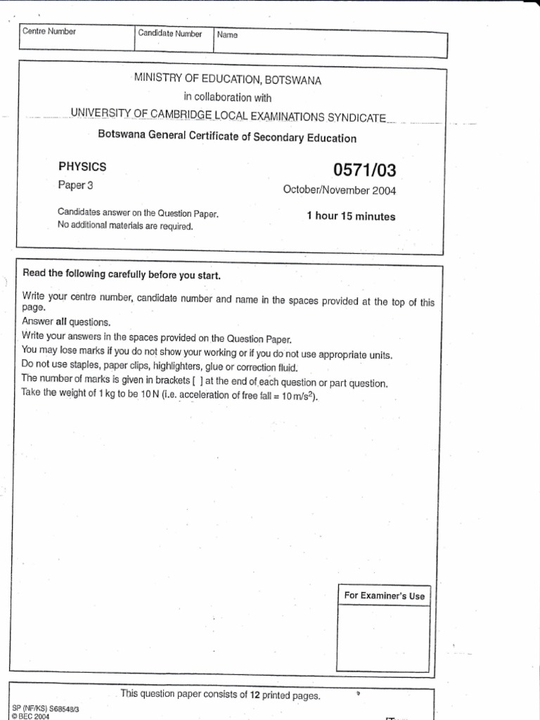 Bgcse Physics Paper 3 2004 | PDF | Gases | Electron