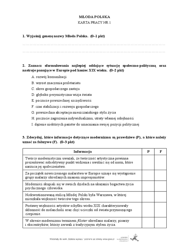 Mloda Polska Karta Pracy NR 1 Cechy Epoki | PDF Mloda Polska Karta Pracy NR 1 Cechy Epoki | PDF