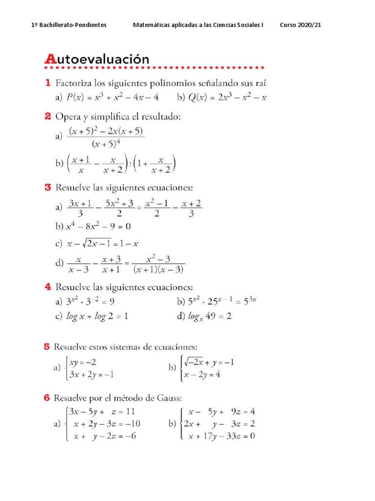 Tema 3. Álgebra - Autoevaluación (CCSS I) | PDF