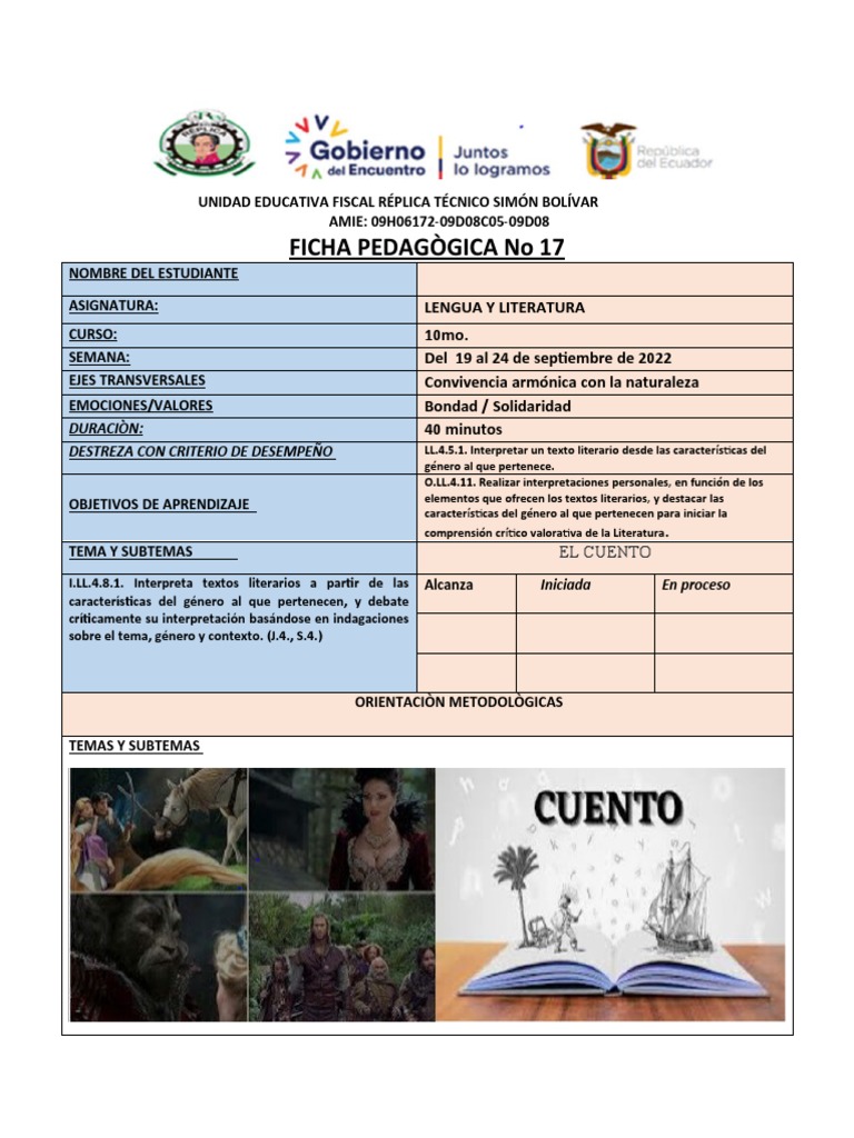 Ficha Pedag. # 17 LyL 10mo. Sem. Sep. 19-24 | PDF | Cuentos | Narración