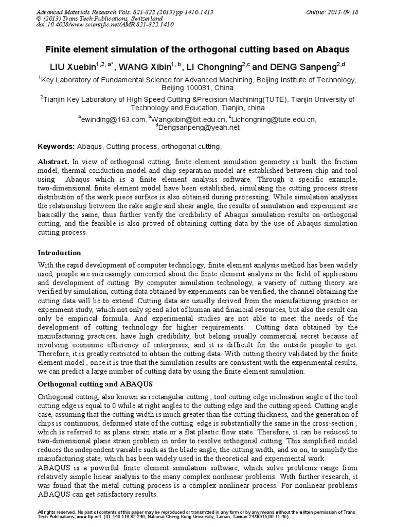 Finite Element Simulation Of The Orthogonal Cutting Based On Abaqus Pdf Deformation