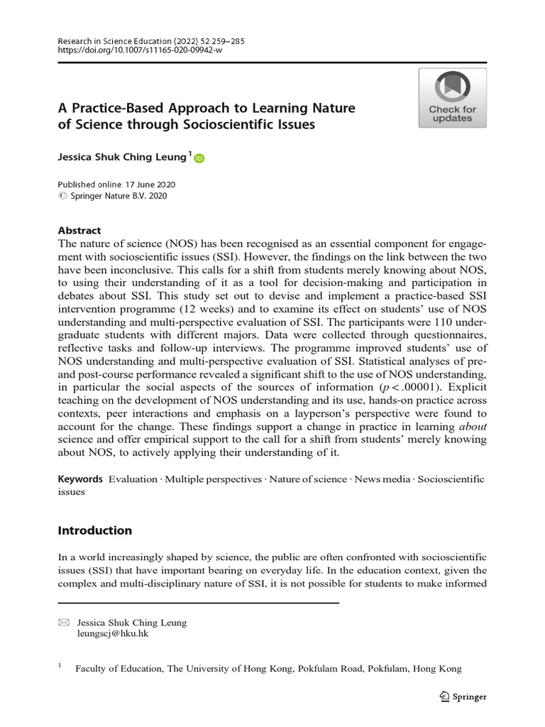 A Practice Based Approach To Learning Nature Of Science Through Socioscientific Issues Pdf