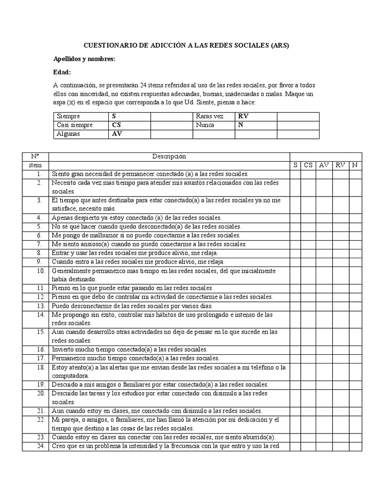 CUESTIONARIO DE ADICCIÓN A LAS REDES SOCIALES | PDF