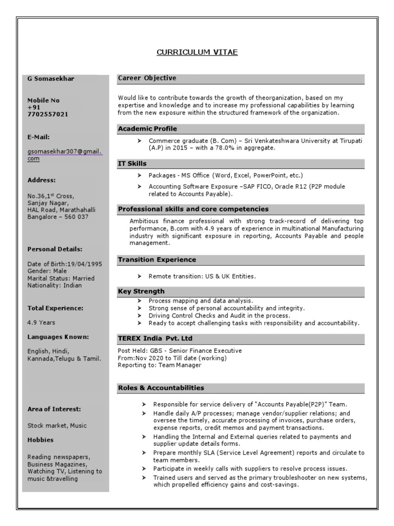 B. Com With 4.9 Years of Experience On Accounts Payable | Download Free ...