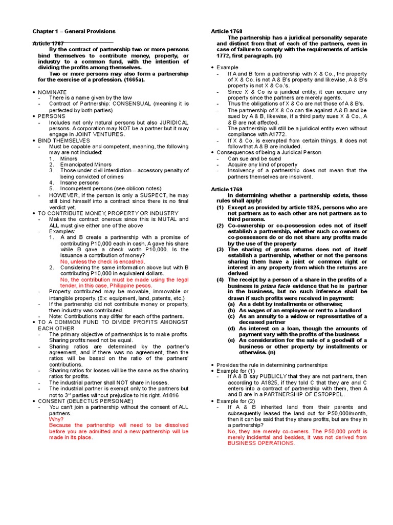 Law On Partnership New Civil Code Art 1769 1867 Summary and Reviewer ...