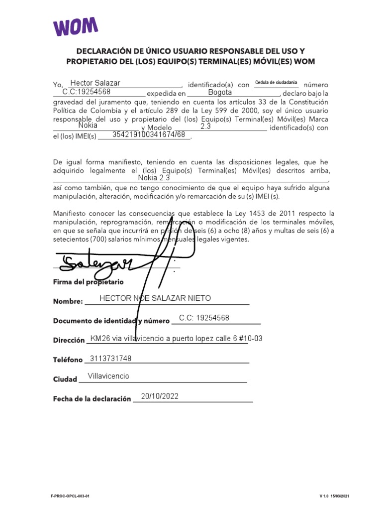 Hector Salazar C.C:19254568 Bogota: Cedula de Ciudadania | PDF