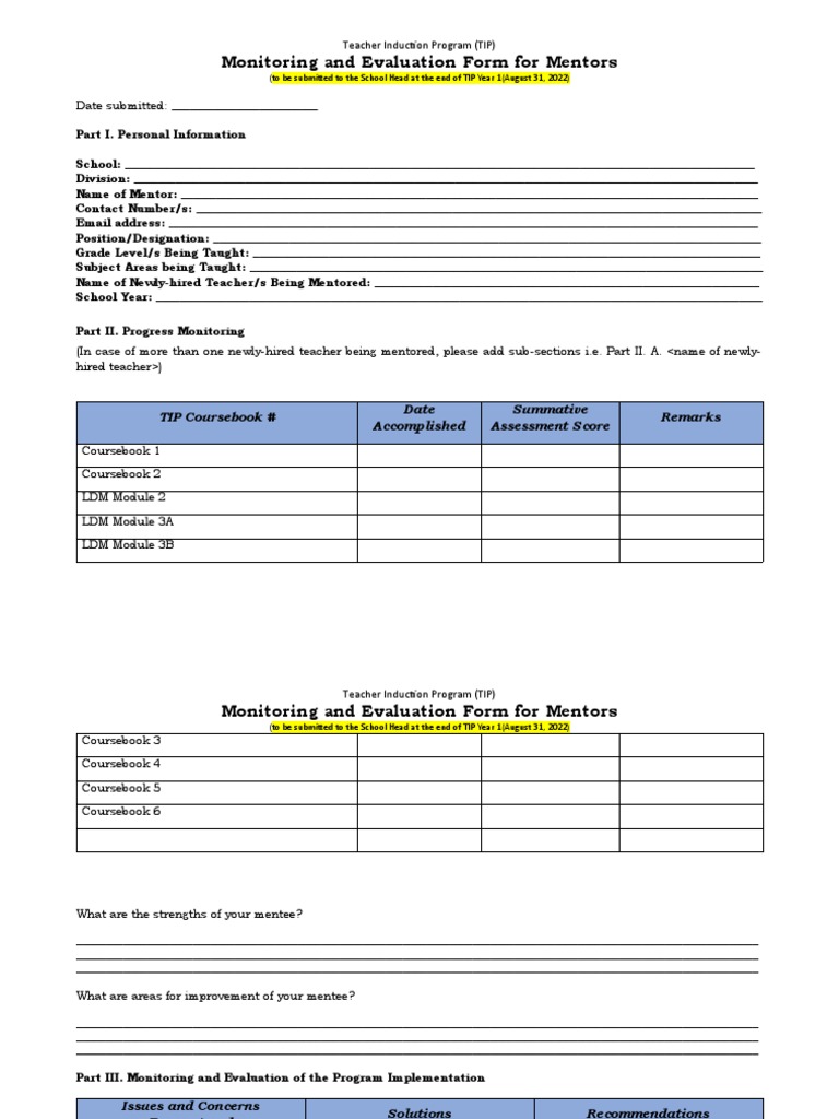 Mentor Evaluation Form for TIP | PDF | Mentorship | Monitoring And ...