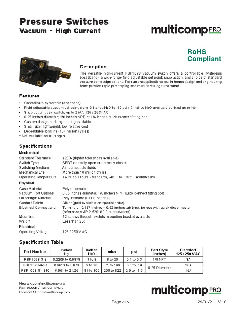 Pressure Switches: Vacuum - High Current | PDF | Switch | Electrical Engineering