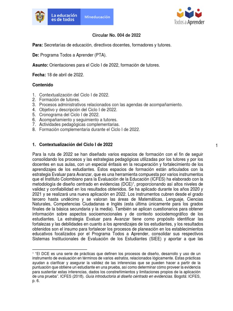 Circular 004 Orientaciones Implementacion Ciclo I 2022 18abr2022 | PDF ...