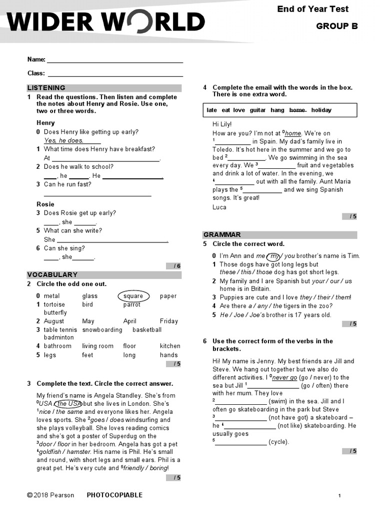 Wider World Starter Tests EndYear Group B Final | PDF