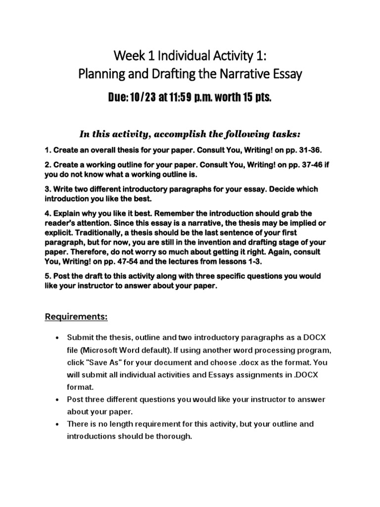 Week 1 - Individual Activity 1 - Planning and Drafting The Narrative Essay | PDF