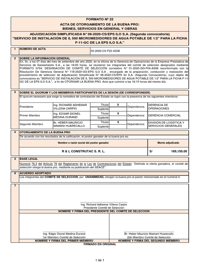 Acta de Otorgamiento de Buena Pro | PDF