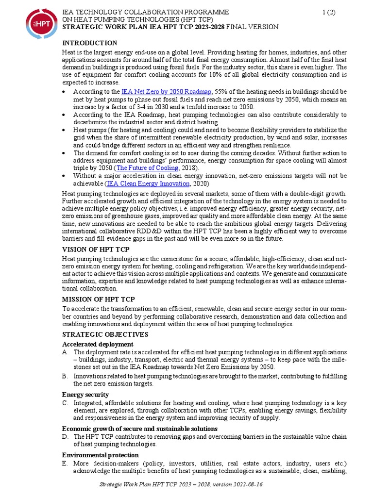 IEA HPT TCP Strategic Work Plan 2023-2028 | PDF | International Energy Agency | Renewable Energy