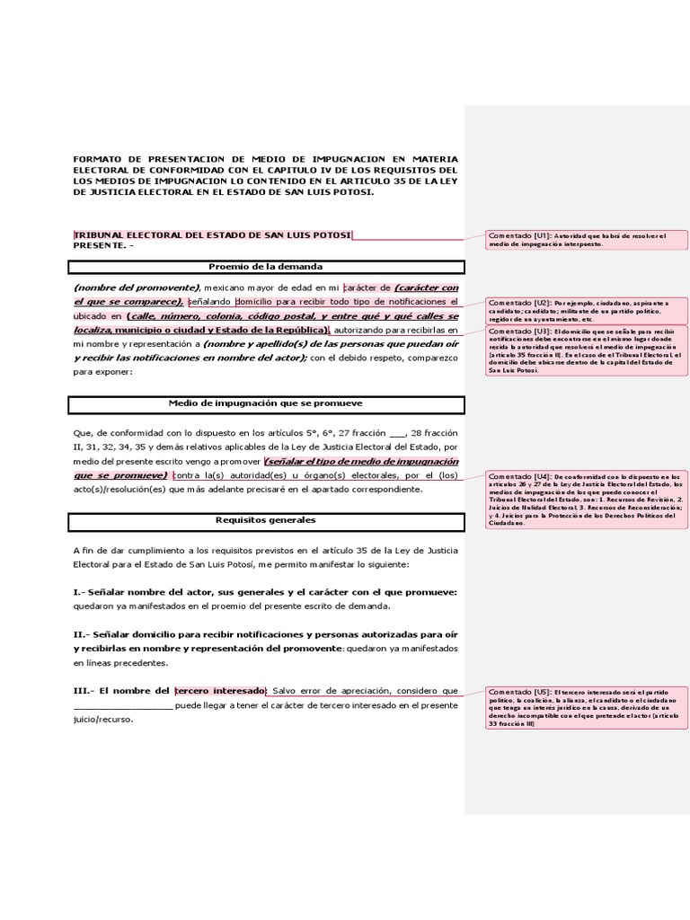 Formato De Demanda De Un Medio De Impugnación En Materia Electoral