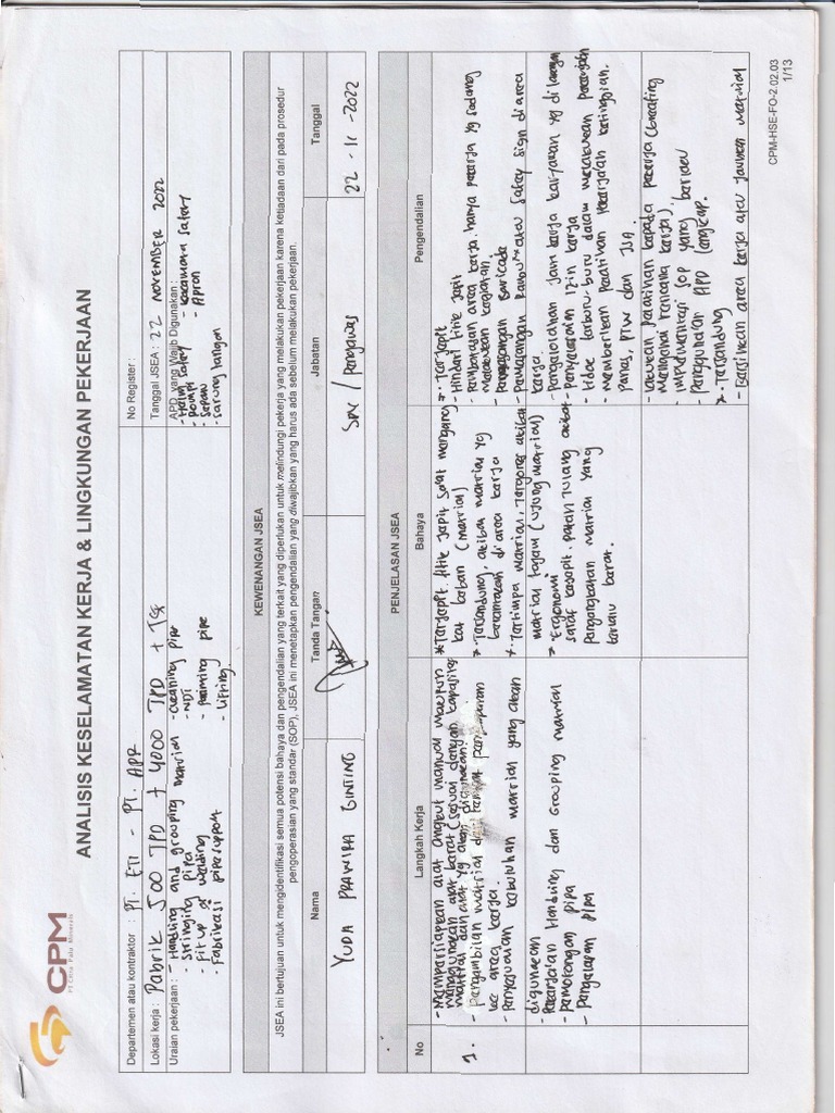 Jsa Pekerjaan Piping Site Poboya PT - Apr | PDF
