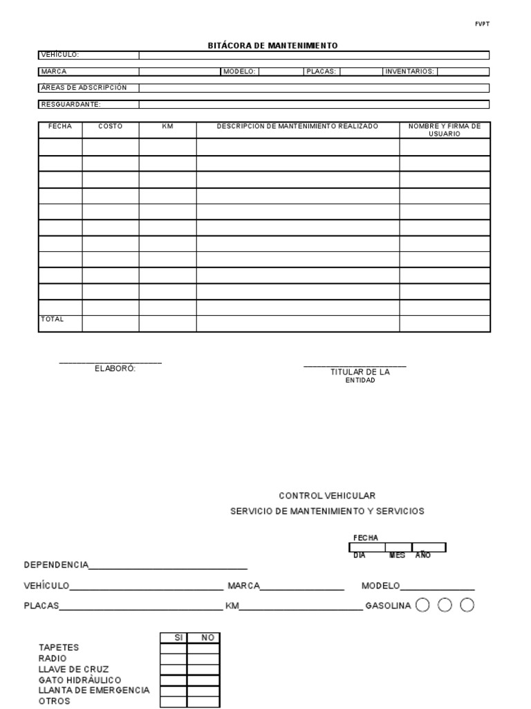 Formato Bitacora de Mantenimiento de Vehiculos | PDF Formato Bitacora de Mantenimiento de Vehiculos | PDF
